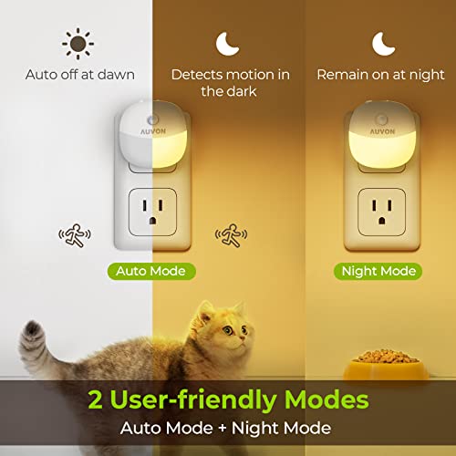 AUVON Plug in Night Light with Motion Sensor and Dusk to Dawn Sensor, Mini Warm White LED Nightlight with 1-50 lm Adjustable Brightness for Bathroom, Hallway, Stairs, Bedroom, Kitchen (4 Pack)