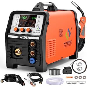 hitbox 6 in 1 mig welder, ture 200amp multi process aluminum flux core welder 110v 220v synergic gas mig/gasless mig/arc/lift tig/spool gun/igbt quiet inverter welder with digital lcd display