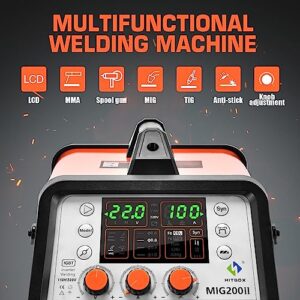 HITBOX 6 in 1 MIG Welder, Ture 200Amp Multi process Aluminum Flux Core Welder 110V 220V Synergic Gas MIG/Gasless MIG/ARC/Lift TIG/Spool Gun/IGBT Quiet Inverter Welder With Digital LCD Display