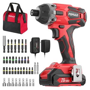 populo impact driver bit set,(250n.m)2,250 in-lbs 20v max lithium ion cordless 1/4" hex impact drill set,39 piece s2 impact drive bits,0-2900 rpm variable speed,2.0 ah li-ion battery,fast charger