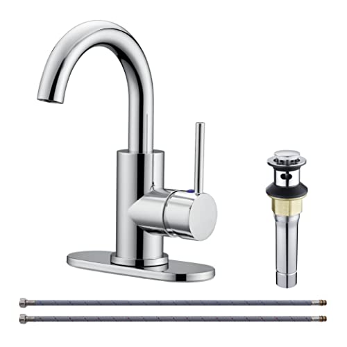 RKF Single-Handle Swivel Spout Bathroom Sink Faucet with Pop-up Drain with Overflow and Supply Hose,Bar Sink Faucet,Small Kitchen Faucet Tap,Chrome Polished,BF3501P-CP2