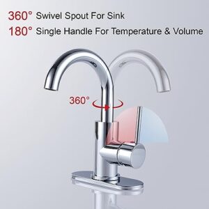 RKF Single-Handle Swivel Spout Bathroom Sink Faucet with Pop-up Drain with Overflow and Supply Hose,Bar Sink Faucet,Small Kitchen Faucet Tap,Chrome Polished,BF3501P-CP2