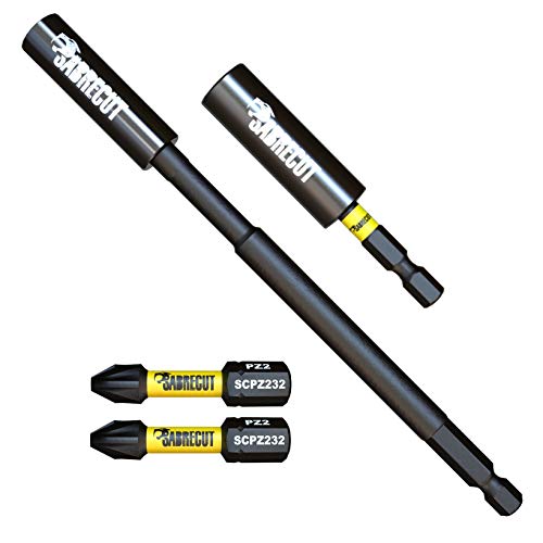 4 Piece SabreCut SCRK1 Magnetic 2 23/64" and 5 63/64" Professional Impact Bit Holders with 2 x 1 7/64" PZ2 Screwdriver Impact Bits Compatible with Dewalt, Milwaukee, Makita, Bosch and Others