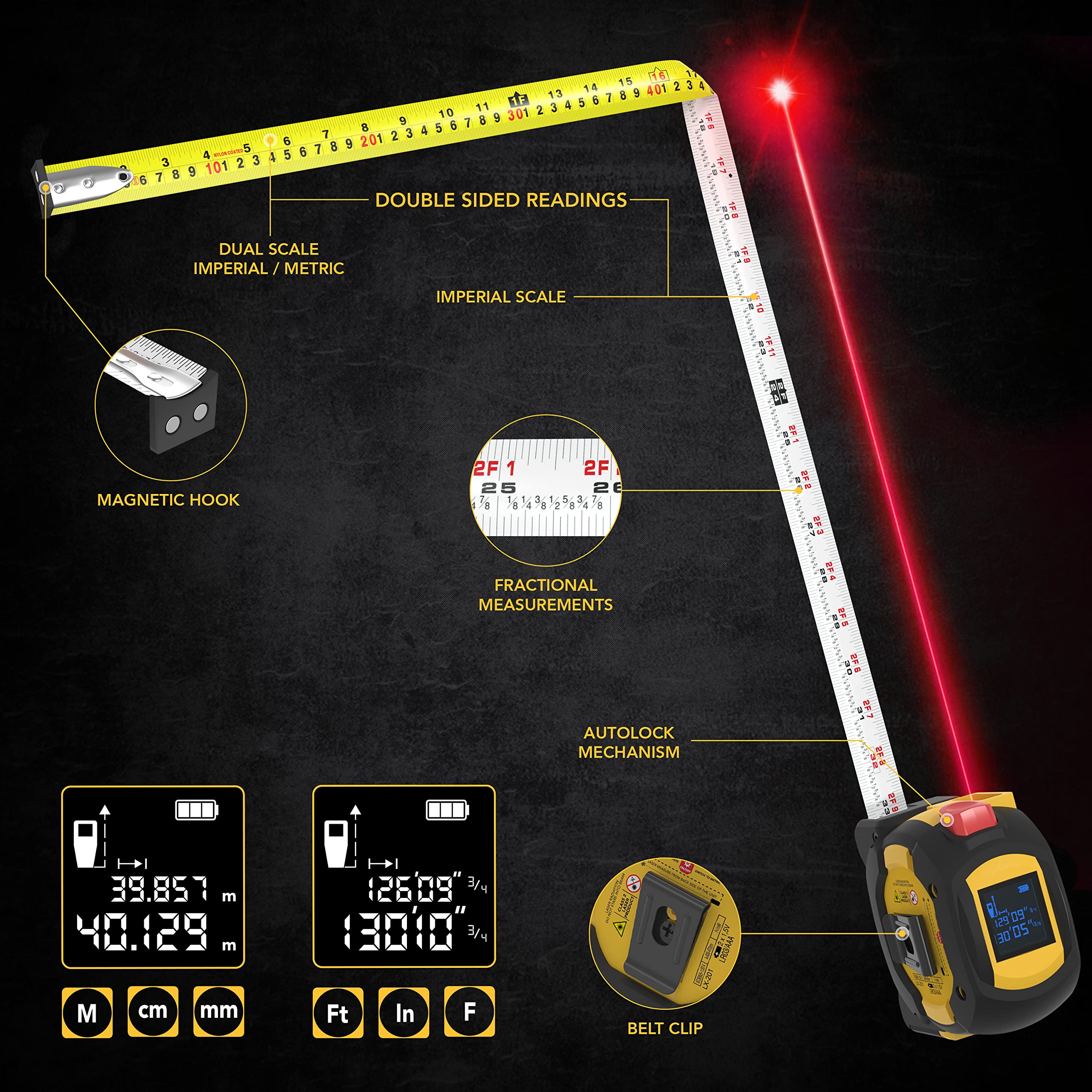 LEXIVON 2 in 1 Digital Laser Tape Measure | 130ft/40m Laser Distance Meter Display On Backlit LCD Screen with 16ft/5m AutoLock Measuring Tape | Ft/Inch/Fractions/M/mm(LX-201)