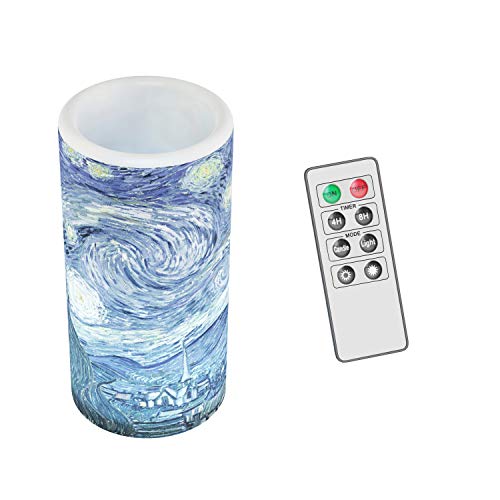 Lavish Home 80-FC1008 LED Starry Night Candle with Remote Control Timer Van Gogh Art on Vanilla Scented Realistic Flickering or Steady Flameless Light-Decor, (L)3”x (W)3”x (H)6”