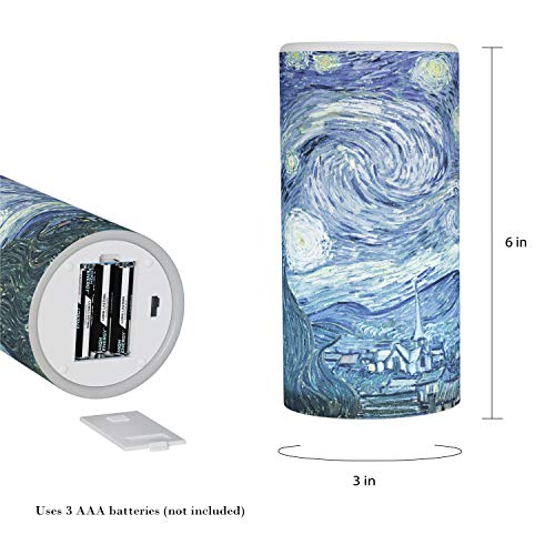 Lavish Home 80-FC1008 LED Starry Night Candle with Remote Control Timer Van Gogh Art on Vanilla Scented Realistic Flickering or Steady Flameless Light-Decor, (L)3”x (W)3”x (H)6”