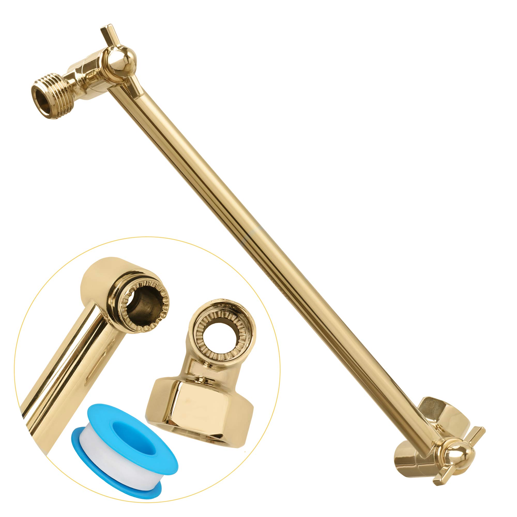 ShowerMaxx, 10 Inches Stainless Steel Adjustable Shower Arm Extender, Adjustable Height and Angle For Fixed, Rain, Handheld Shower Heads, Universal NPT 1/2 inch Connector, Polished Brass Finish