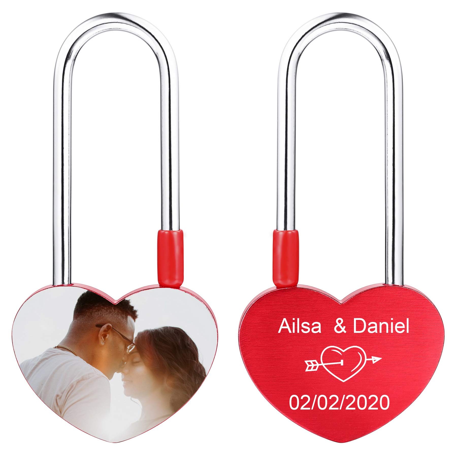 MeMeDIY Personalized Love Heart Lock Engraving Photo Custom Picture for Couples Men Women Boyfriend Girlfriend Lover Aluminum Memorial Anniversary Valentine Bridge Padlock (Red Color)