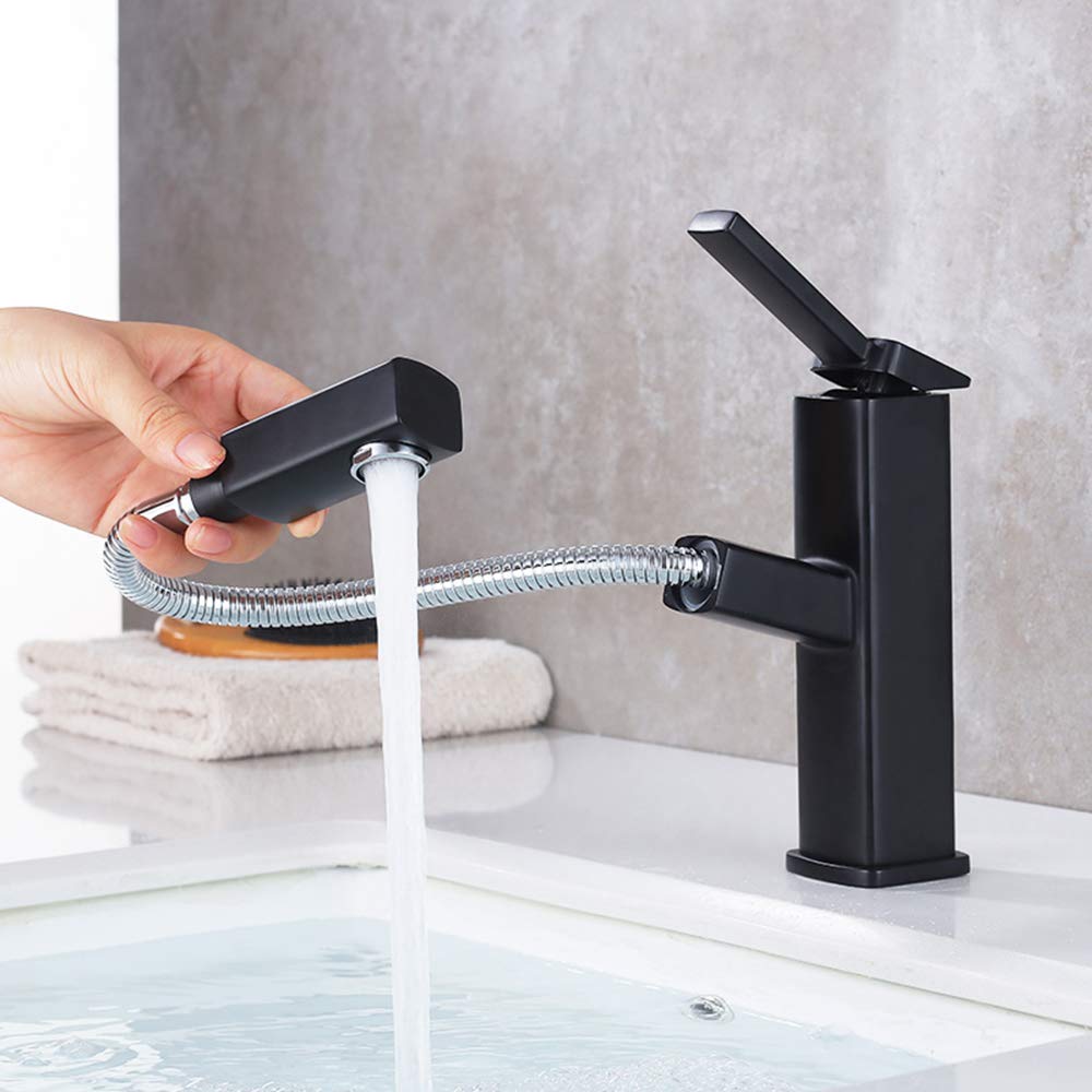 KAIYING Bathroom Sink Faucet with Pull Out Sprayer, Single Handle Basin Mixer Tap for Hot and Cold Water, Lavatory Pull Down Vessel Sink Faucet with Rotating Spout(Regular, Black)