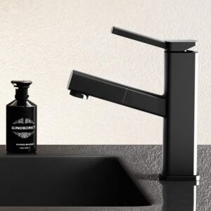 KAIYING Bathroom Sink Faucet with Pull Out Sprayer, Single Handle Basin Mixer Tap for Hot and Cold Water, Lavatory Pull Down Vessel Sink Faucet with Rotating Spout(Regular, Black)