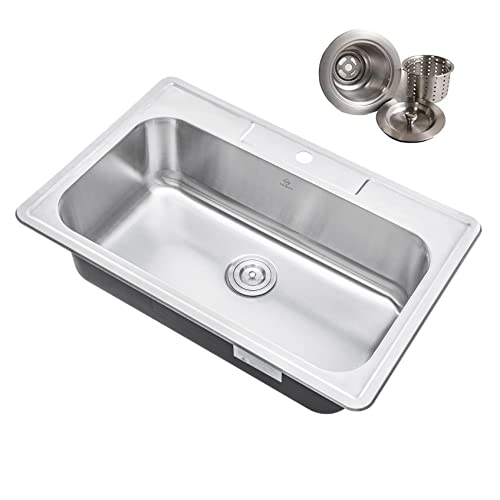 CozyBlock 33 x 22 x 9 Inch Top-mount/Drop-in Stainless Steel Single Bowl Kitchen Sink with Strainer - 18 Gauge Stainless Steel-1 Faucet Hole