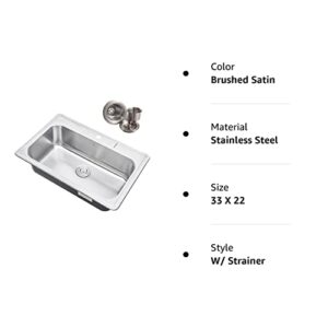 CozyBlock 33 x 22 x 9 Inch Top-mount/Drop-in Stainless Steel Single Bowl Kitchen Sink with Strainer - 18 Gauge Stainless Steel-1 Faucet Hole