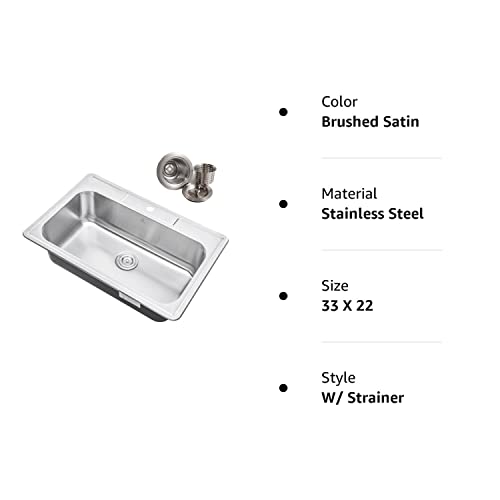 CozyBlock 33 x 22 x 9 Inch Top-mount/Drop-in Stainless Steel Single Bowl Kitchen Sink with Strainer - 18 Gauge Stainless Steel-1 Faucet Hole