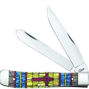 Case WR XX Pocket Knife Trapper Stained Glass Cross Natural Bone Color Wash Item #38713 - (6254 SS) - Length Closed: 4 1/8 Inches