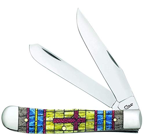 Case WR XX Pocket Knife Trapper Stained Glass Cross Natural Bone Color Wash Item #38713 - (6254 SS) - Length Closed: 4 1/8 Inches