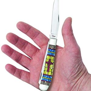 Case WR XX Pocket Knife Trapper Stained Glass Cross Natural Bone Color Wash Item #38713 - (6254 SS) - Length Closed: 4 1/8 Inches