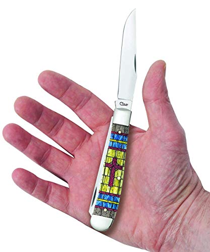 Case WR XX Pocket Knife Trapper Stained Glass Cross Natural Bone Color Wash Item #38713 - (6254 SS) - Length Closed: 4 1/8 Inches