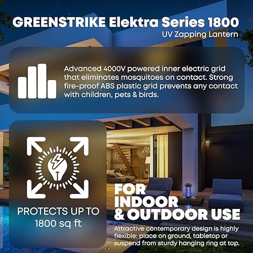 GREENSTRIKE Mosquito & Flying Insect Bug Zapper, Elektra Series 1800, Indoor & Outdoor Use, Easy Clean w/Detachable Bottom, Cleaning Brush Included, 4000V Powered Grid