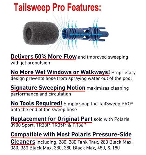 ATIE No Spray Pool Cleaner TailSweep PRO TSP10S with Hose Scrubber 9-100-3105 Fit Zodiac Polaris 280, 3900 Sport, 380, 360, 180 Pool Cleaner Tail Sweep PRO TSP10S and CMP Flow Diffuser (1 Pack)