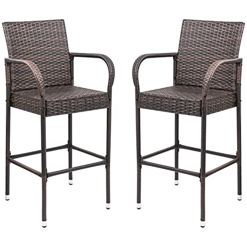 Homall Patio Bar Stools Wicker Barstools Indoor Outdoor Bar Stool Patio Furniture with Footrest and Armrest for Garden Pool Lawn Backyard Set of 2 (Brown)