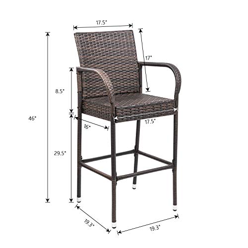 Homall Patio Bar Stools Wicker Barstools Indoor Outdoor Bar Stool Patio Furniture with Footrest and Armrest for Garden Pool Lawn Backyard Set of 2 (Brown)