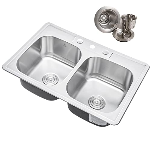 CozyBlock 33 x 22 x 9 Inch 50/50 Top-mount/Drop-in Stainless Steel Double Bowl Kitchen Sink with Strainer - 18 Gauge Stainless Steel-3 Faucet Hole