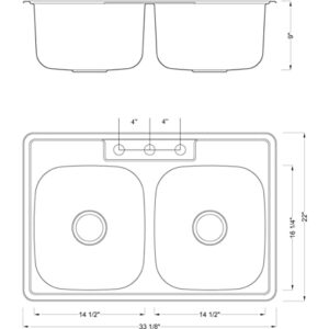 CozyBlock 33 x 22 x 9 Inch 50/50 Top-mount/Drop-in Stainless Steel Double Bowl Kitchen Sink with Strainer - 18 Gauge Stainless Steel-3 Faucet Hole