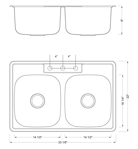 CozyBlock 33 x 22 x 9 Inch 50/50 Top-mount/Drop-in Stainless Steel Double Bowl Kitchen Sink with Strainer - 18 Gauge Stainless Steel-3 Faucet Hole