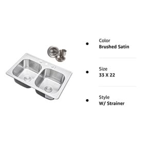 CozyBlock 33 x 22 x 9 Inch 50/50 Top-mount/Drop-in Stainless Steel Double Bowl Kitchen Sink with Strainer - 18 Gauge Stainless Steel-3 Faucet Hole