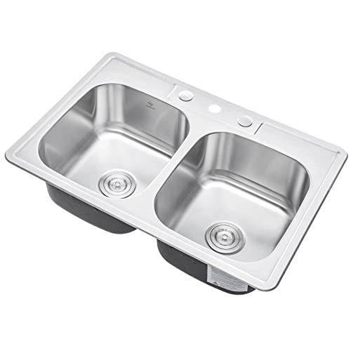 CozyBlock 33 x 22 x 9 Inch 50/50 Top-mount/Drop-in Stainless Steel Double Bowl Kitchen Sink with Strainer - 18 Gauge Stainless Steel-3 Faucet Hole