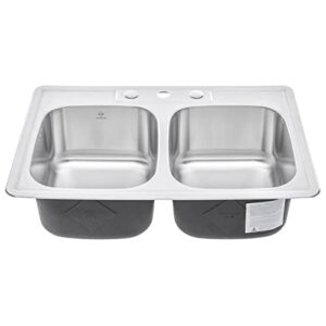 CozyBlock 33 x 22 x 9 Inch 50/50 Top-mount/Drop-in Stainless Steel Double Bowl Kitchen Sink with Strainer - 18 Gauge Stainless Steel-3 Faucet Hole