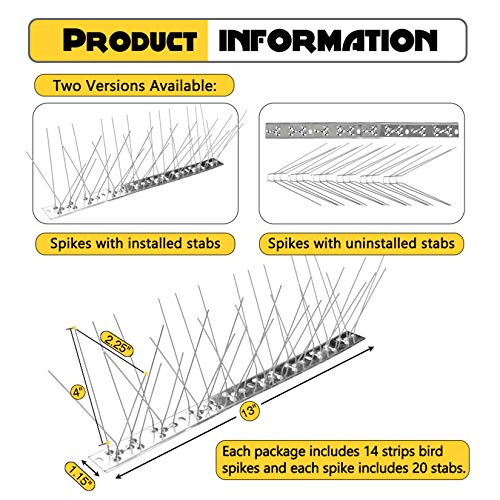 REMIAWY Bird Spikes for Pigeons Small Birds Cat, 15 Feet Anti Bird Spikes Stainless Steel Bird Deterrent Spikes 14 Strips