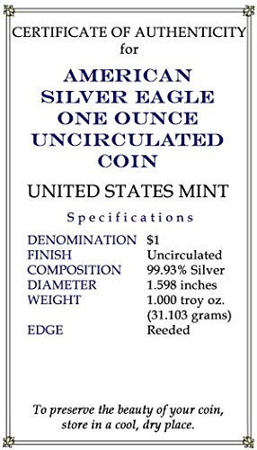 2019 - American Silver Eagle in Plastic Air Tite with our Certificate of Authenticity Dollar Uncirculated Us Mint