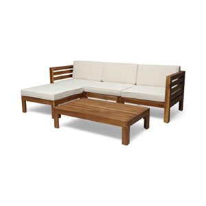 christopher knight home alice outdoor 5 piece acacia wood sofa set, teak finish, beige