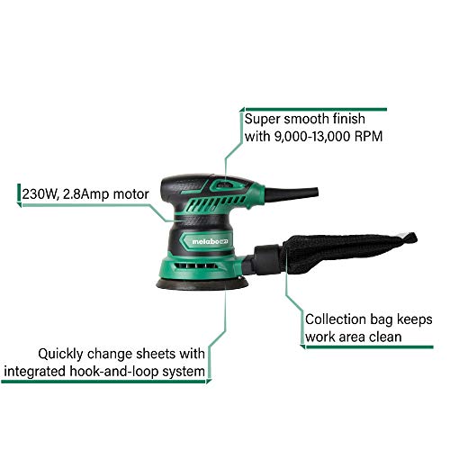 Metabo HPT 5-Inch Random Orbit Sander | Variable Speed | Powerful 230W 2.8 Amp Motor | Soft Elastomer Grip | Includes 5 Pieces of Sanding Paper, Dust Bag, Vacuum Adapter | 5-Year Warranty | SV13YST