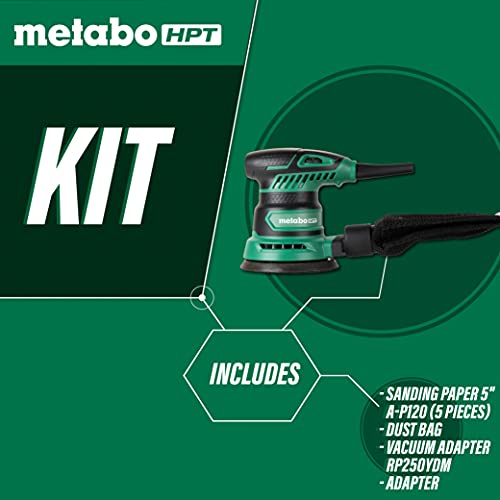 Metabo HPT 5-Inch Random Orbit Sander | Variable Speed | Powerful 230W 2.8 Amp Motor | Soft Elastomer Grip | Includes 5 Pieces of Sanding Paper, Dust Bag, Vacuum Adapter | 5-Year Warranty | SV13YST