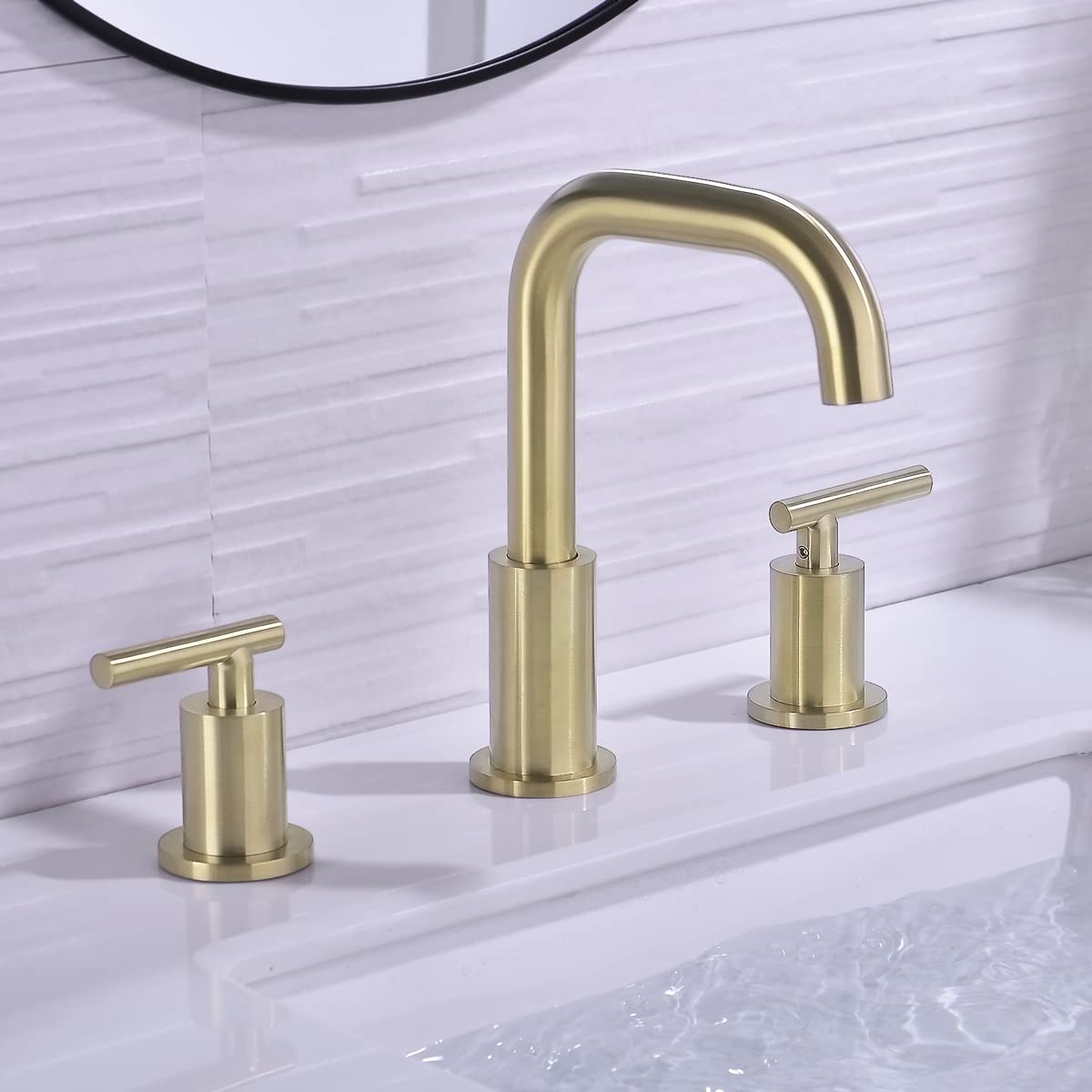 TRUSTMI Bathroom Faucet 2 Handle 8 Inch Brass Sink Faucet 3 Hole Widespread with 360 Degree Swivel Spout, cUPC Water Supply Lines and Overflow Pop Up Drain Included, Brushed Gold