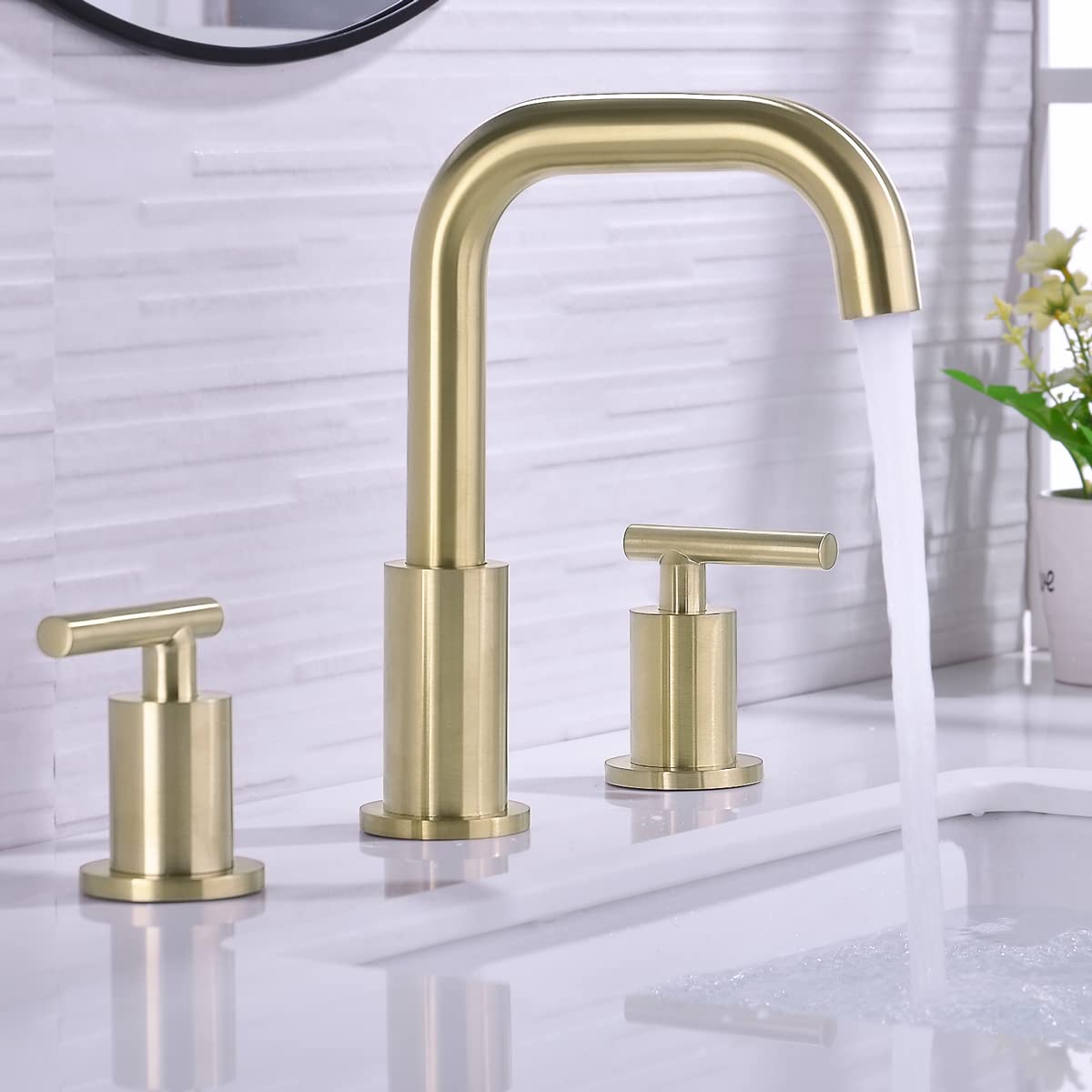 TRUSTMI Bathroom Faucet 2 Handle 8 Inch Brass Sink Faucet 3 Hole Widespread with 360 Degree Swivel Spout, cUPC Water Supply Lines and Overflow Pop Up Drain Included, Brushed Gold