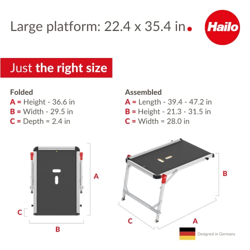 Hailo TP1 |Staircase Platform | Length and Height-Adjustable Telescopic Rails and feet | Integrated Bubble Level | Two-Hand Safety Unlocking Mechanism| for use with Step stools & stepladders