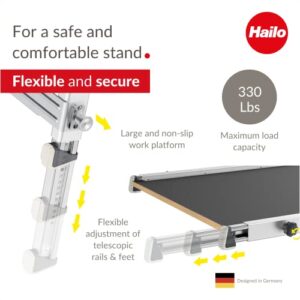 Hailo TP1 |Staircase Platform | Length and Height-Adjustable Telescopic Rails and feet | Integrated Bubble Level | Two-Hand Safety Unlocking Mechanism| for use with Step stools & stepladders