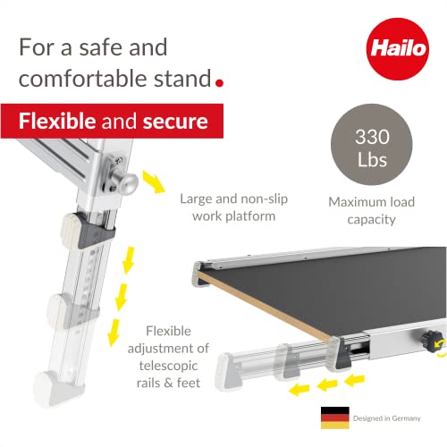 Hailo TP1 |Staircase Platform | Length and Height-Adjustable Telescopic Rails and feet | Integrated Bubble Level | Two-Hand Safety Unlocking Mechanism| for use with Step stools & stepladders