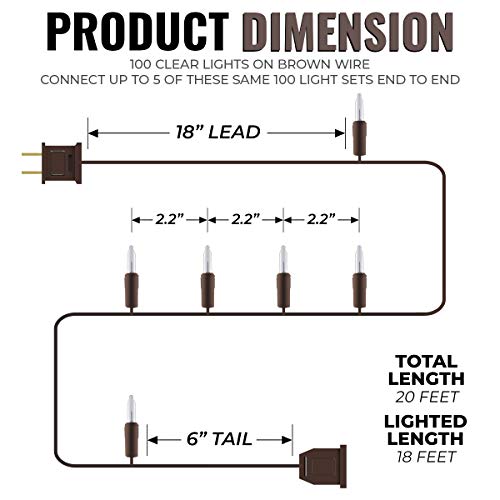 612 Vermont 100 Clear Mini Christmas String Lights on Brown Wire Cord, UL Approved for Indoor/Outdoor Use, 18 Foot of Lighted Length, 20 Foot of Total Length