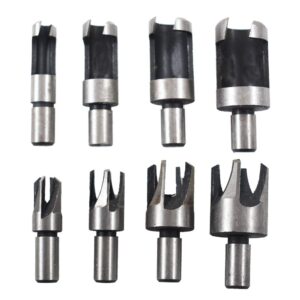 8pcs wood plug cutter drills bit set (5/8", 1/2", 3/8", 1/4") straight and tapered taper, carbon steel woodworking cutting tool