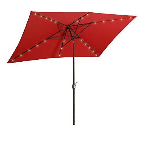 Aok Garden 6.5FT × 10FT Solar LED Lighted Patio Umbrella with Push Button Tilt and Sturdy Aluminum Ribs for Deck Lawn Pool & Backyard - Red