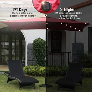 Aok Garden 6.5FT × 10FT Solar LED Lighted Patio Umbrella with Push Button Tilt and Sturdy Aluminum Ribs for Deck Lawn Pool & Backyard - Red