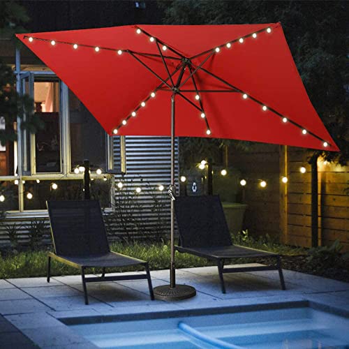 Aok Garden 6.5FT × 10FT Solar LED Lighted Patio Umbrella with Push Button Tilt and Sturdy Aluminum Ribs for Deck Lawn Pool & Backyard - Red