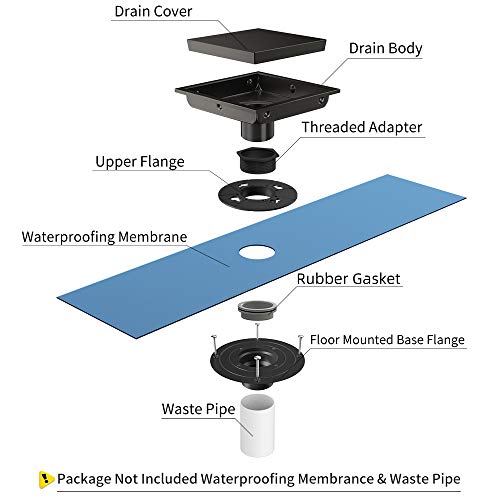 USHOWER 6 Inch Square Shower Floor Drain with Reversible 2-in-1 Tile Insert Cover,6" Matter Black Tiled Insert Drain Grate 304 Stainless Steel, Includes Flange Base & Hair Strainer