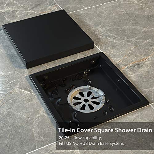 USHOWER 6 Inch Square Shower Floor Drain with Reversible 2-in-1 Tile Insert Cover,6" Matter Black Tiled Insert Drain Grate 304 Stainless Steel, Includes Flange Base & Hair Strainer