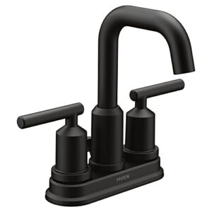 moen gibson matte black two-handle centerset high arc modern bathroom faucet with drain assembly, contemporary black sink faucet for 3-hole countertops, 6150bl