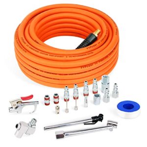 fypower 20 pieces air compressor accessories kit, 3/8 inch x 50 ft hybrid air compressor hose kit, 1/4" npt quick connect air fittings, tire gauge, chuck, blow gun, swivel plugs